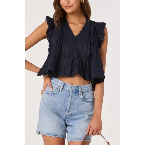 Astr The Label Julie Flutter Sleeve Eyelet Cotton Top - Navy