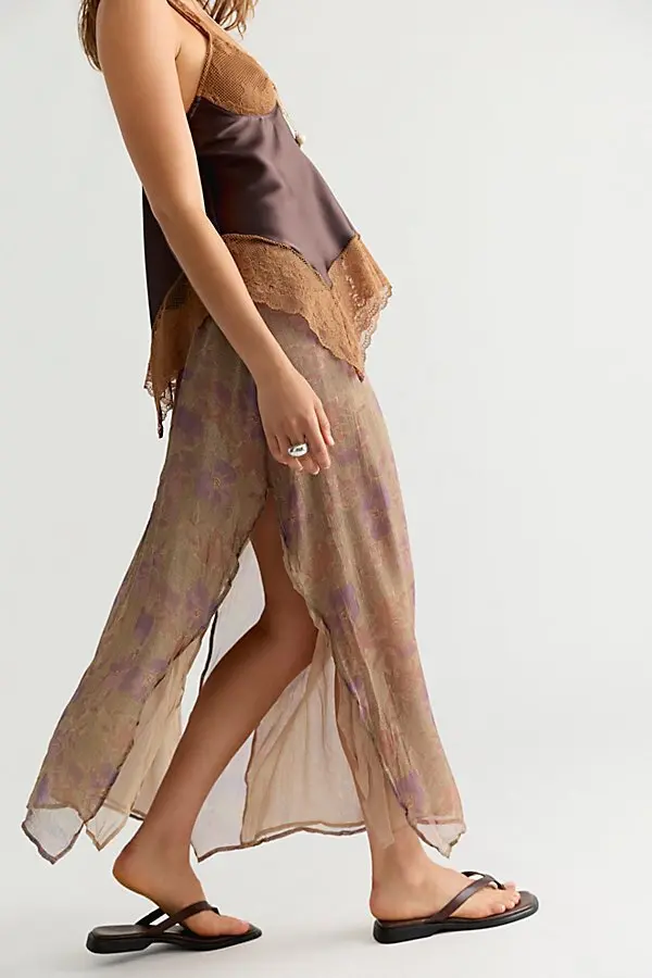Free People Karis Crinkle Midi Skirt - Tan Combo