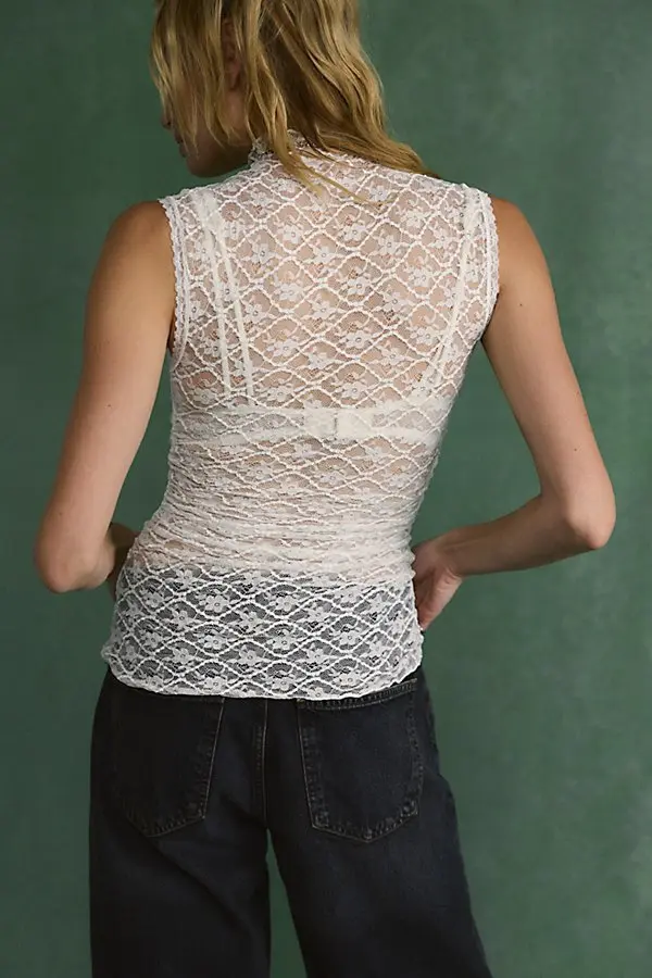 Free People Intimately Lace Mock Neck Fitted Tank - Clean Ivory