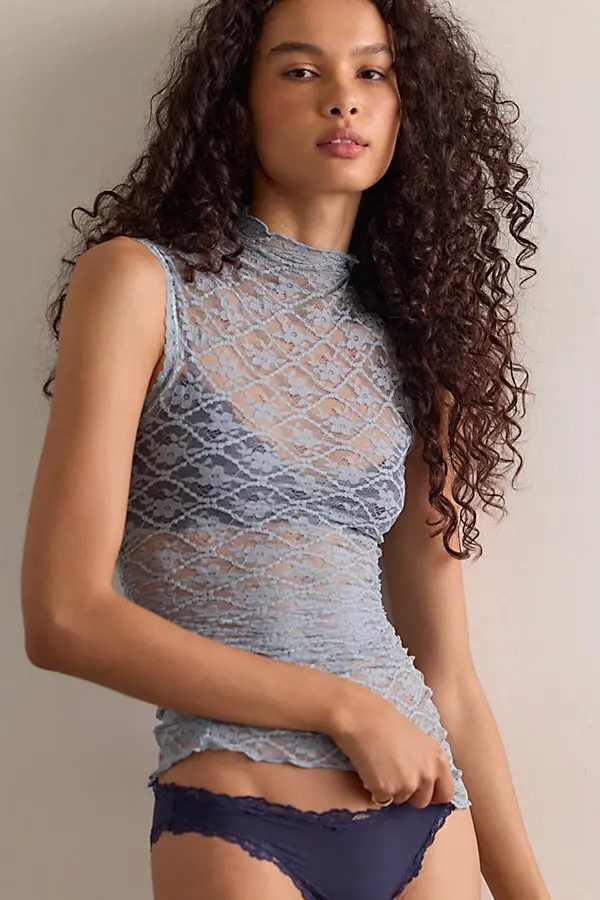 Free People Intimately Pretty Problem Mock Neck Lace Tank - Storm Tide