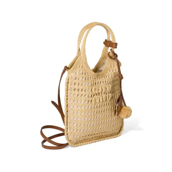 Miu Miu Beige Crochet Raffia Handbag With Embroidered Logo And Leather Details