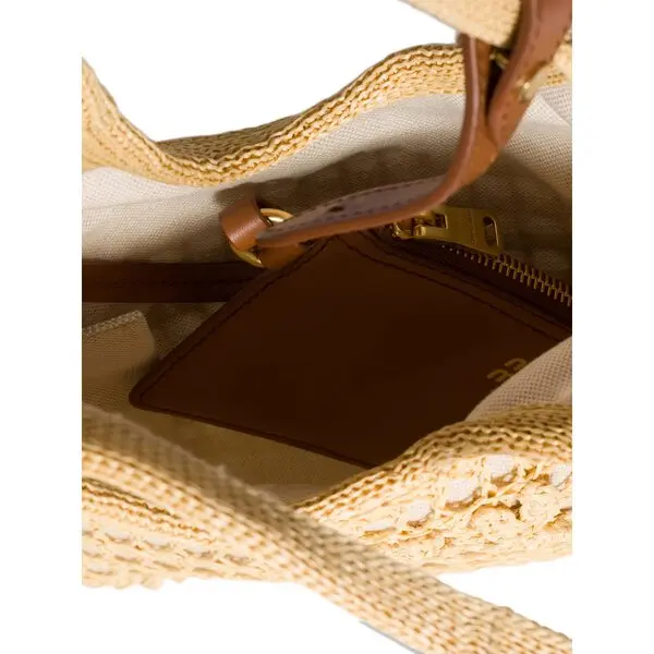 Miu Miu Beige Crochet Raffia Handbag With Embroidered Logo And Leather Details