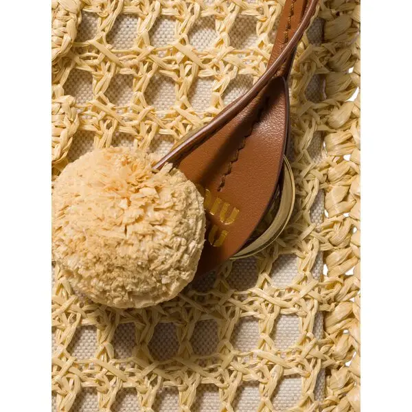 Miu Miu Beige Crochet Raffia Handbag With Embroidered Logo And Leather Details