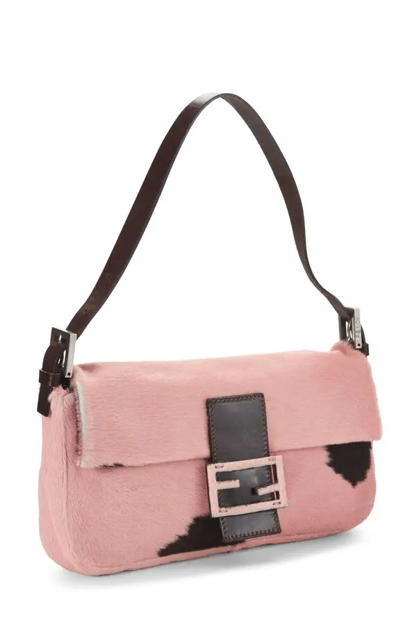 Fendi Pink & Brown Pony Hair Baguette Shoulder Bag