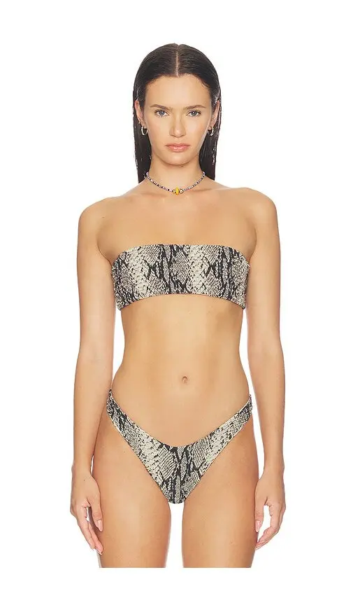 INDAH Hall Printed Bandeau Bikini Top In Black & White - Python