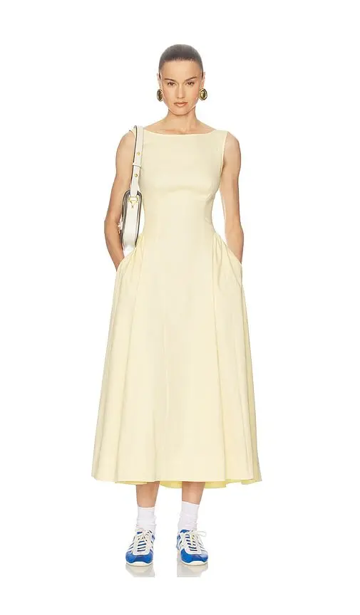 HELSA Stretch Cotton Sateen Midi Dress In Yellow - Lemontini