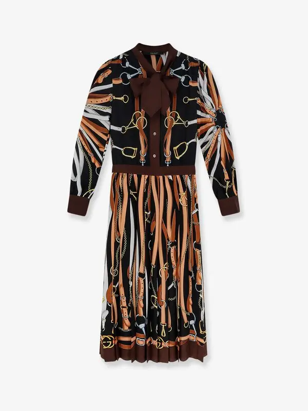 Gucci Silk Equestrian Print Button Up Dress - Black
