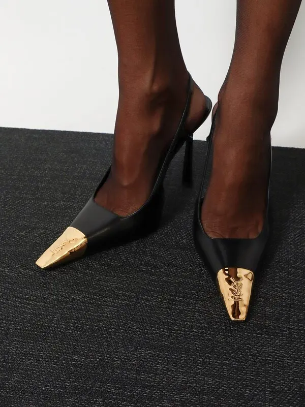 Saint Laurent Jeanne Leather Slingback Pumps With Metal Toe - Black