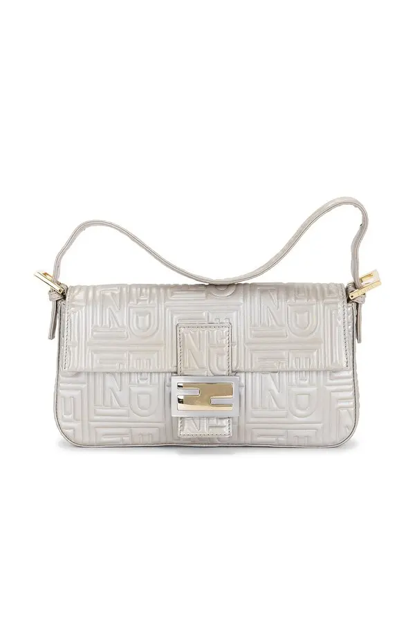 Fendi Logo Embossed Baguette Shoulder Bag In Metallic - Silver