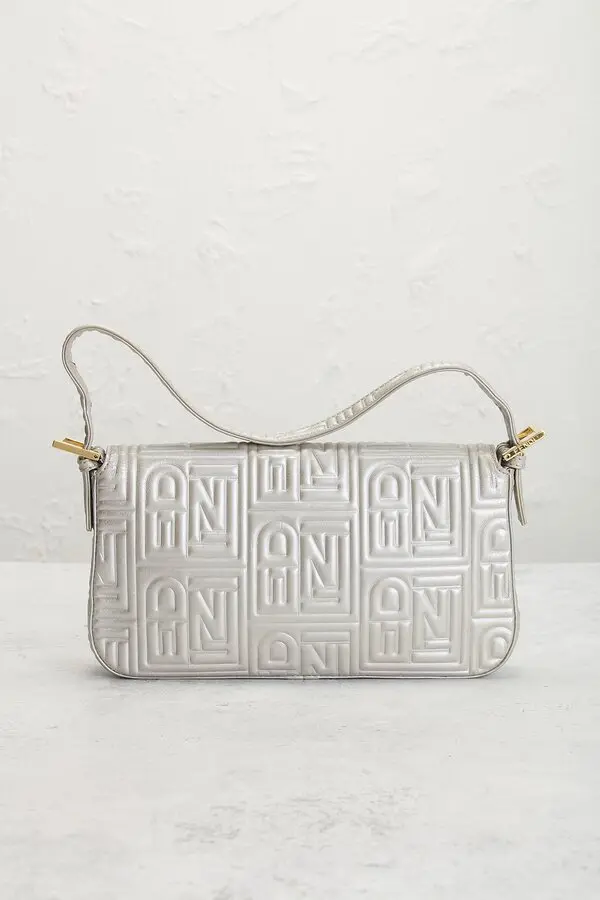Fendi Logo Embossed Baguette Shoulder Bag - Silver