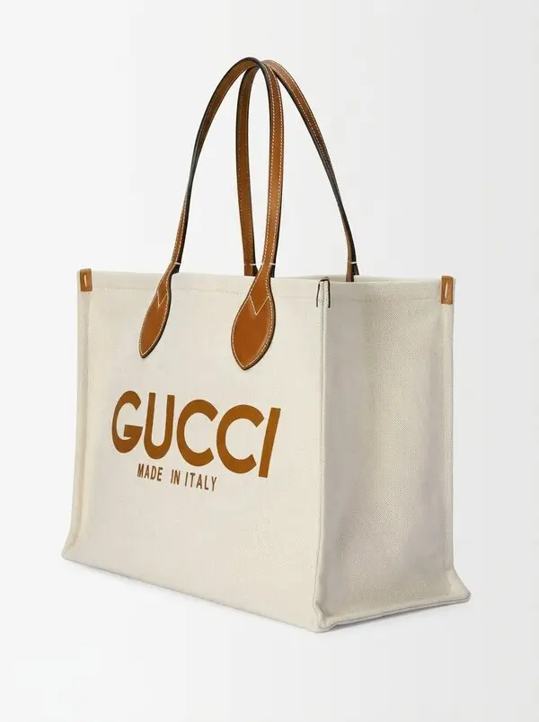 Gucci Logo Printed Medium Tote Bag - Beige