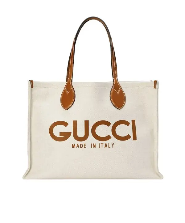 Gucci Logo Printed Medium Tote Bag - Beige