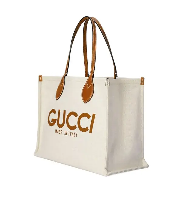 Gucci Logo Printed Medium Tote Bag - Beige