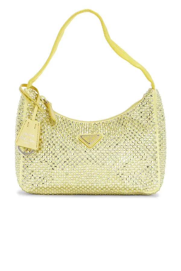 Prada Satin Crystal Mini Re-edition 2000 Shoulder Bag - Yellow