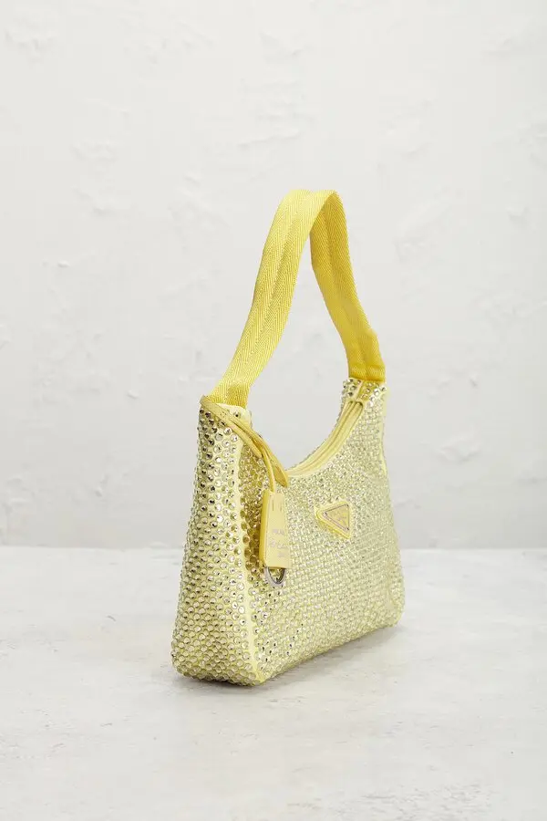Prada Satin Crystal Mini Re-edition 2000 Shoulder Bag - Yellow