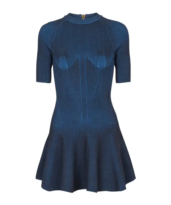Balmain Flared Hem Ribbed Mini Dress - Navy Blue