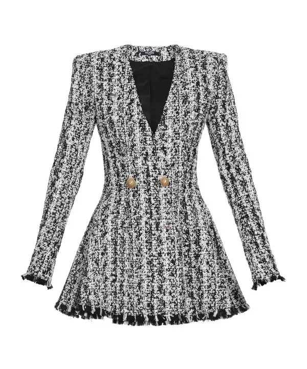 Balmain Two-tone Flared Tweed Dress - Gray