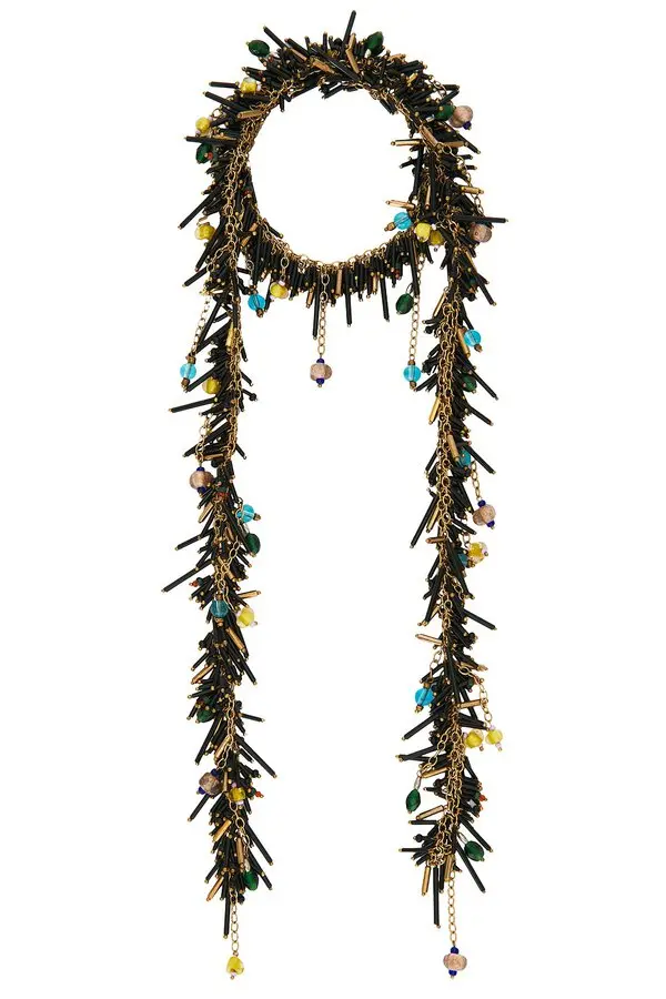 Dries Van Noten Beaded Embroidered Scarf Necklace In Metallic Brass - Multi