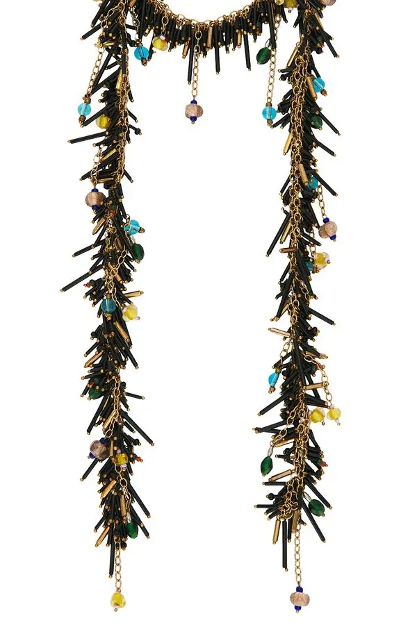 Dries Van Noten Beaded Embroidered Scarf Necklace In Metallic Brass - Multi