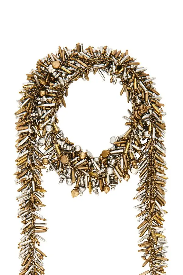 Dries Van Noten Beaded Embroidered Scarf Necklace In Metallic Brass - Silver