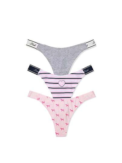 Pink 3-pack Logo Cotton High-leg Thong Panties - Print