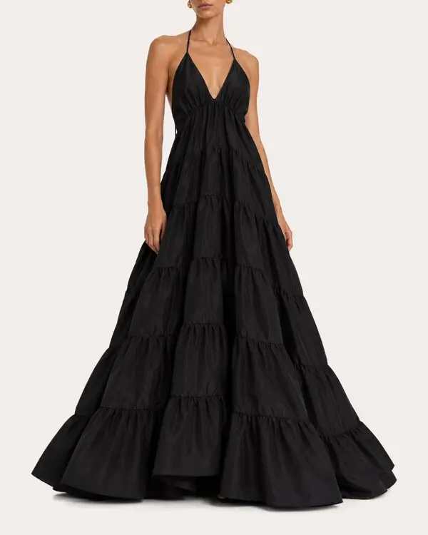 Azeeza Tiered Halter Gown - Black