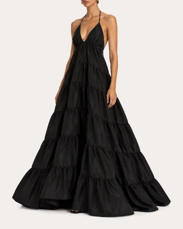Azeeza Tiered Halter Gown - Black