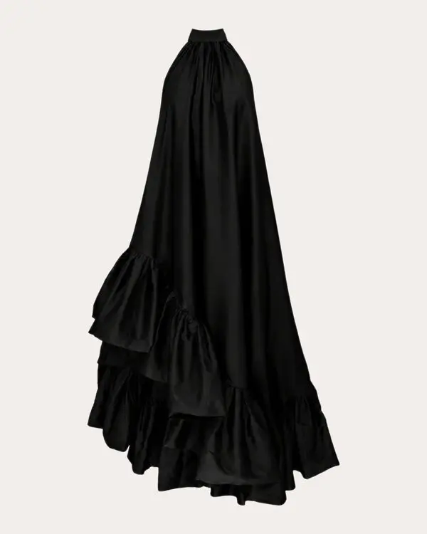 Azeeza Lucas Taffeta Asymmetric Ruffle Gown - Black
