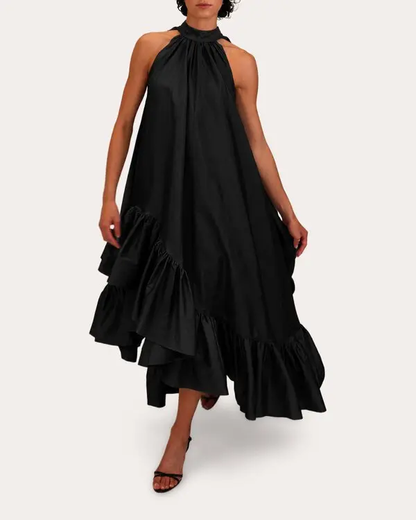 Azeeza Lucas Taffeta Asymmetric Ruffle Gown - Black