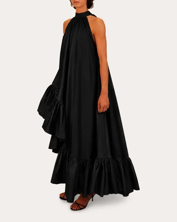 Azeeza Lucas Taffeta Asymmetric Ruffle Gown - Black