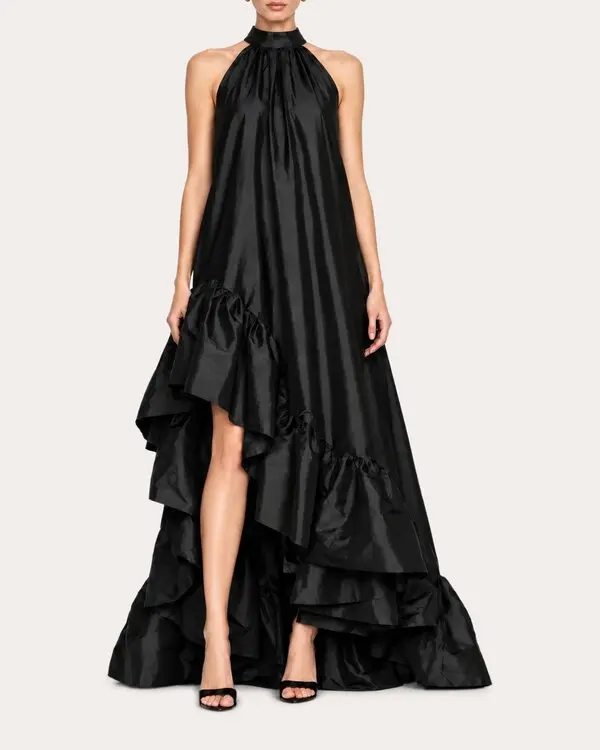 Azeeza Lucas Taffeta Asymmetric Ruffle Gown - Black