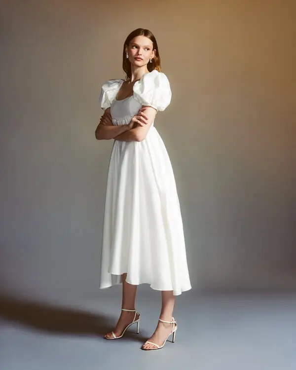 Azeeza Rory Raw Silk Puff-sleeve Midi Dress