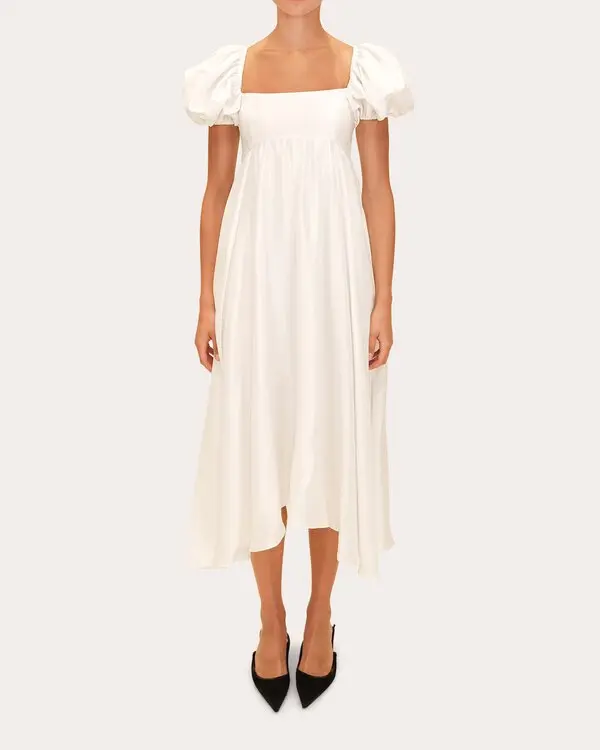 Azeeza Rory Raw Silk Puff-sleeve Midi Dress