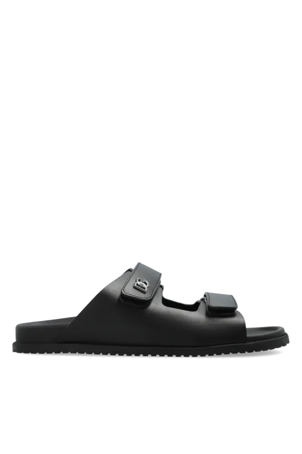 Dolce & Gabbana Leather Slides With Logo - Black