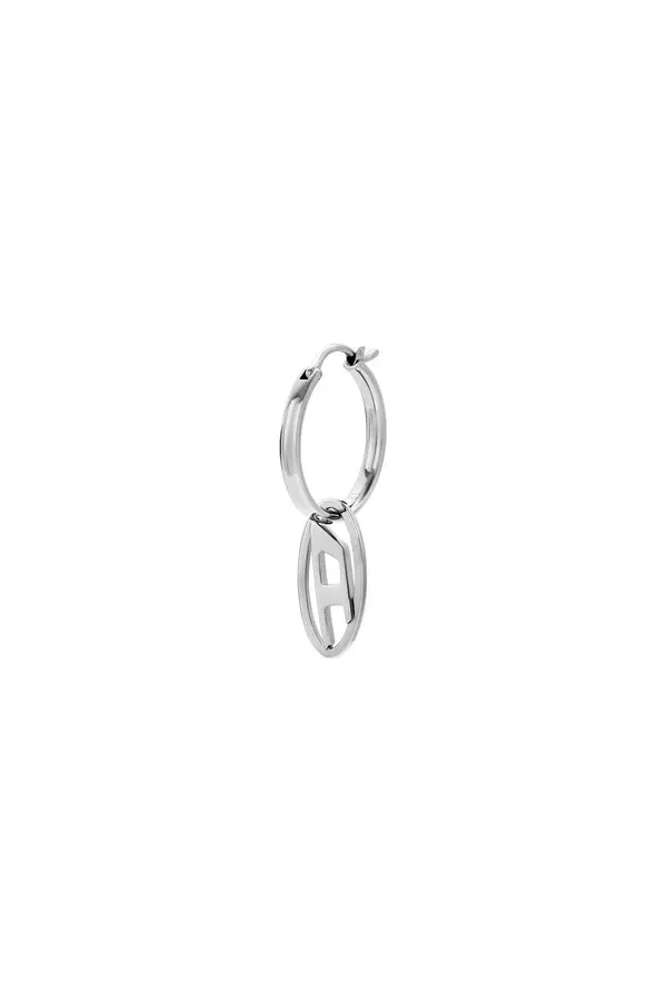 DIESEL® Stainless Steel Hoop Earring With Oval D Logo Charm - Silver