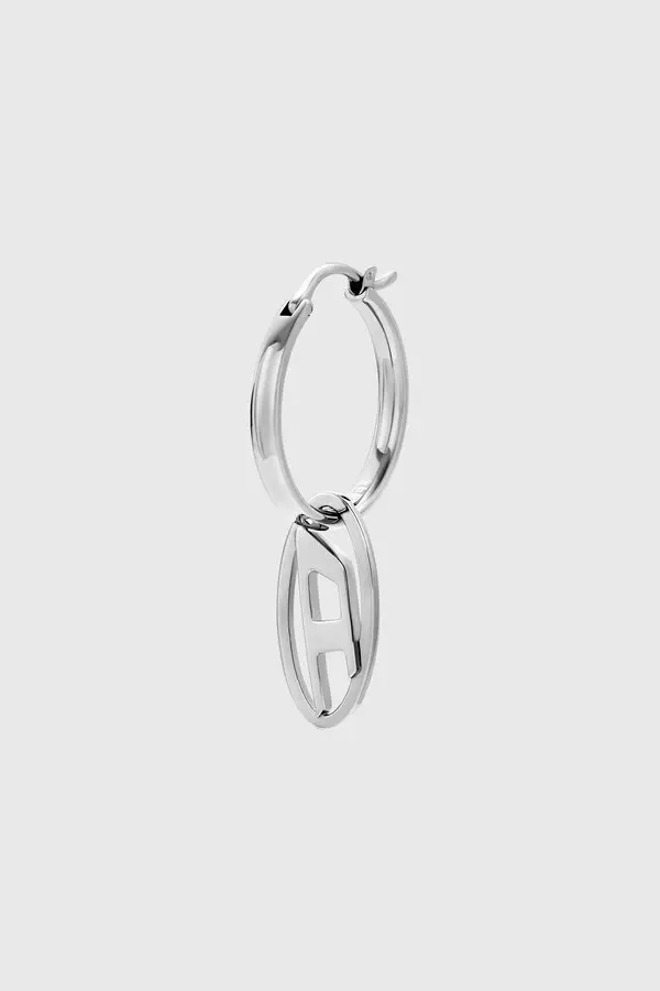 DIESEL® Stainless Steel Hoop Earring With Oval D Logo Charm - Silver