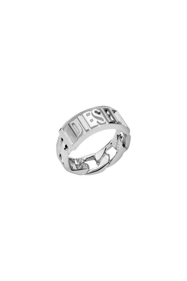 DIESEL® Stainless Steel Band Ring With Logo Detail - Silver