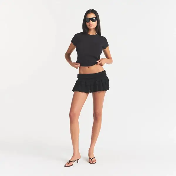 SKIMS Ruffle Mini Skirt | Black | | Sheer Knit