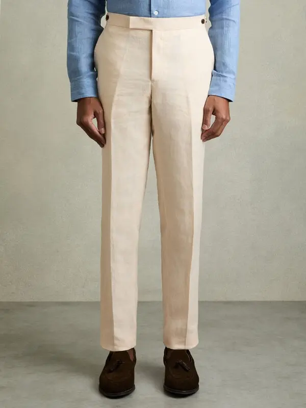 REISS Kin Tailored Fit Linen Trousers - Stone
