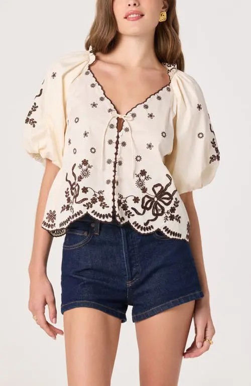Astr The Label Lucia Embroidered Balloon Sleeve Top - Cream