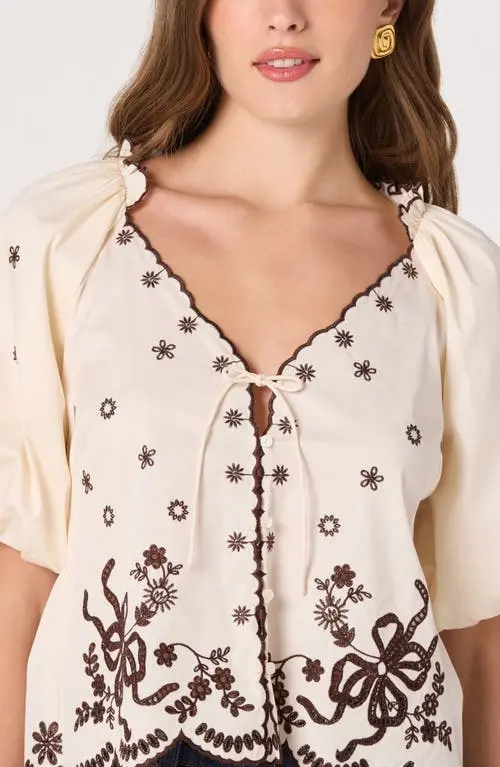 Astr The Label Lucia Embroidered Balloon Sleeve Top With Tie Neck