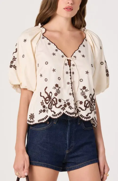 Astr The Label Lucia Embroidered Balloon Sleeve Top With Tie Neck