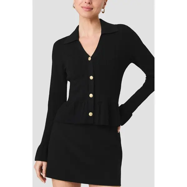 French Connection Crinkle Pointelle Peplum Top - Black