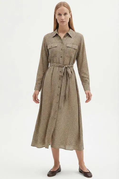 EXQUISE Clio Midi Shirt Dress - Brown Patterned
