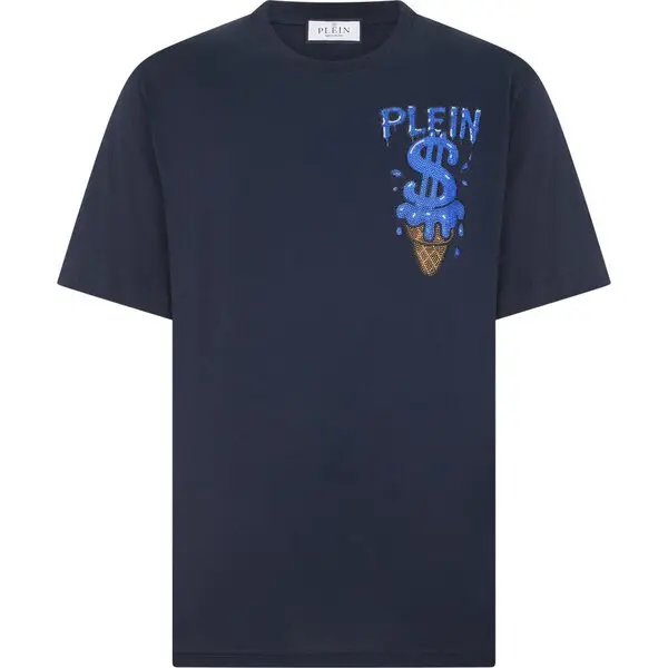 Philipp Plein Round Neck T-shirt Ice Cream Dollar Patch - Navy