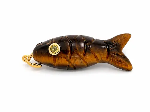 GEMINI JEWELRY Carved Tiger Eye Fish Pendant - Brown