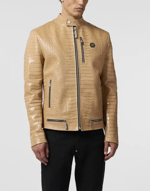Philipp Plein Leather Moto Jacket Cocco - Beige