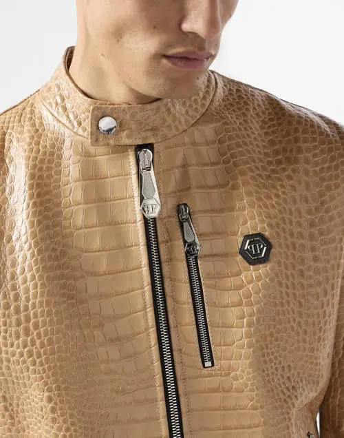 Philipp Plein Leather Moto Jacket Cocco