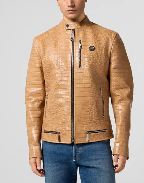 Philipp Plein Leather Moto Jacket With Croco-print And Metal Trims - Beige