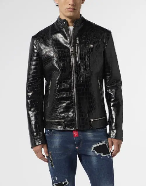 Philipp Plein Leather Moto Jacket Cocco - Black